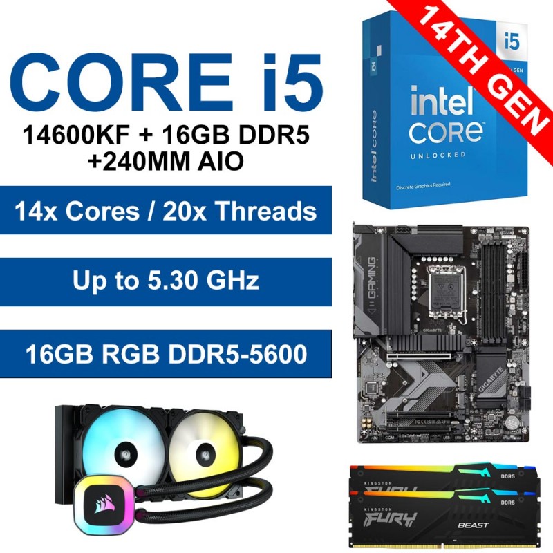 Core i5-14600KF / Gigabyte B760 Gaming X Motherboard / 16GB RGB DDR5-5600 / Corsair H100 AIO ...
