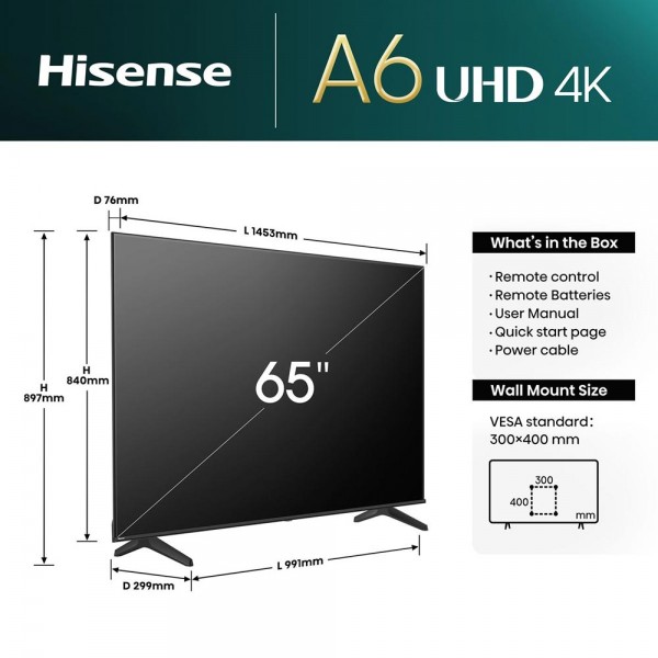 Hisense A6N Series 65A6N 65" 4K UHD (3840x2160) Dolby Vision Smart TV ...