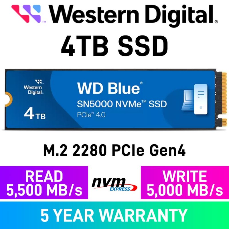 Western Digital WD Blue SN5000 PCIe Gen4x4 M.2 2280 NVMe SSD — 4TB ...